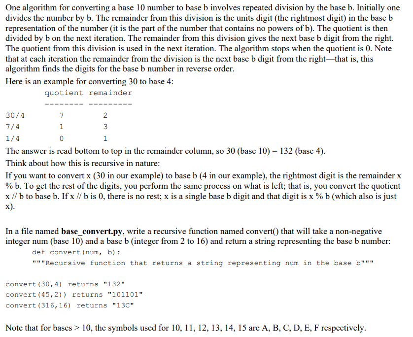 Solved One algorithm for converting a base 10 number to base | Chegg.com