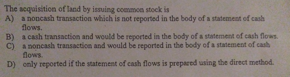 Solved The acquisition of land by issuing common stock is A) | Chegg.com