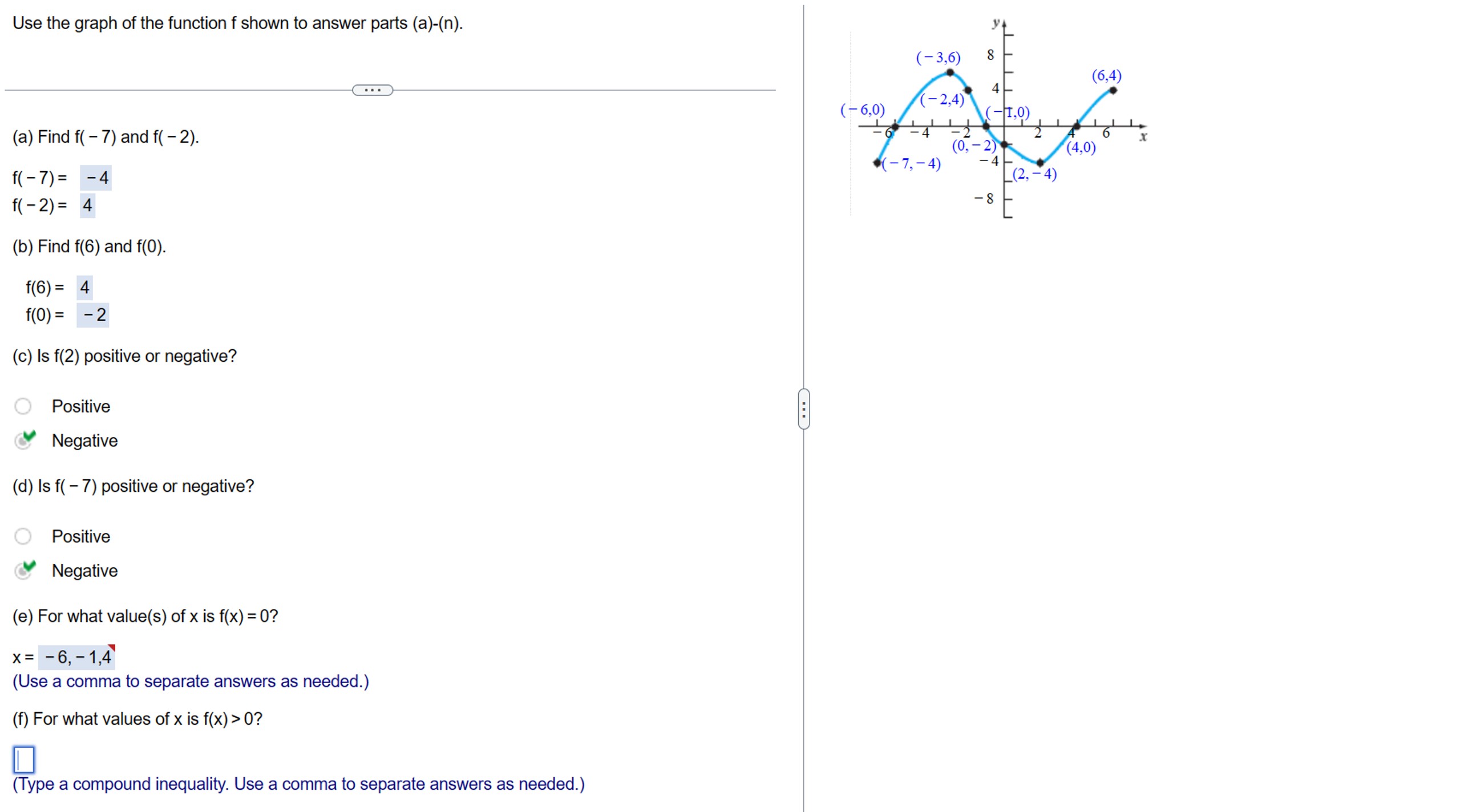 Solved (f) ﻿For what values of x ﻿is f(x)>0 ?(Type a | Chegg.com