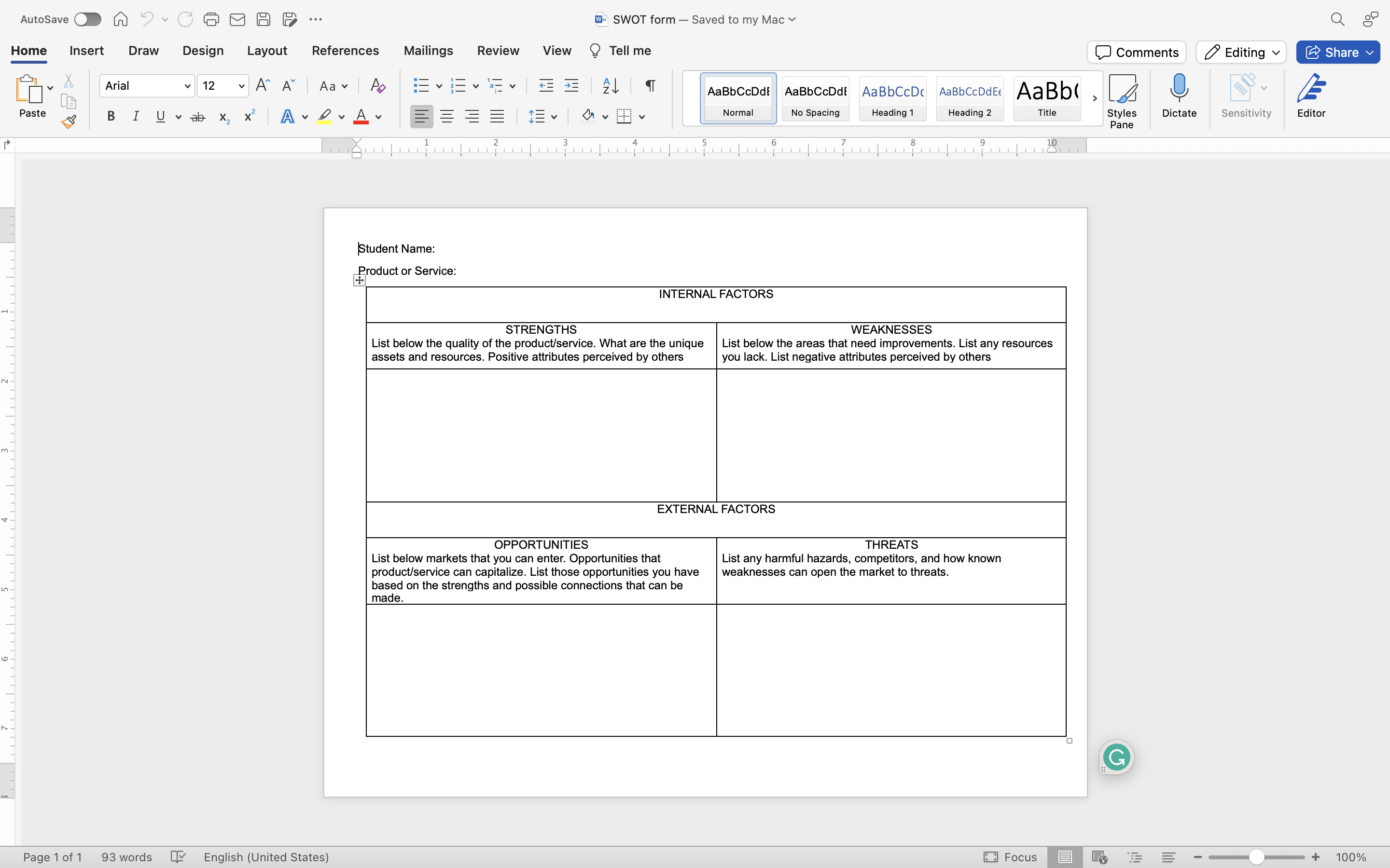 Solved Complete a SWOT analysis for your business plan. Use | Chegg.com