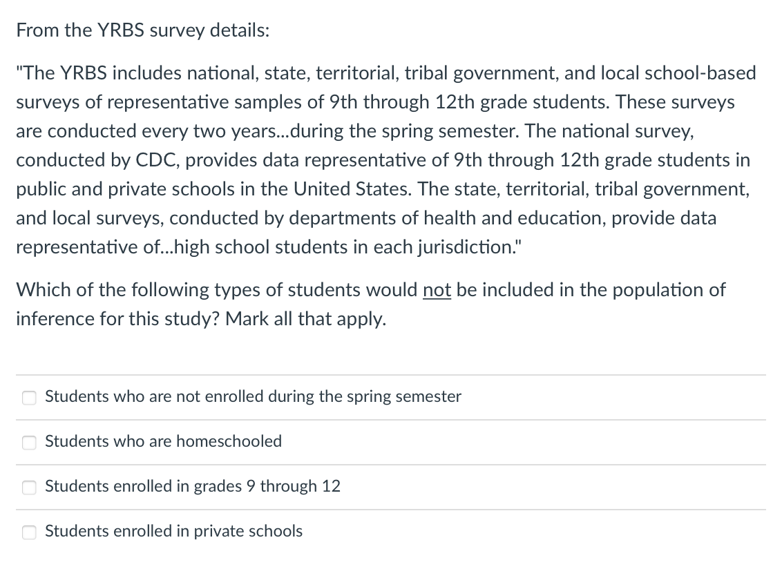 Solved From the YRBS survey details: "The YRBS includes | Chegg.com