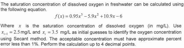 Solved The saturation concentration of dissolved oxygen in | Chegg.com