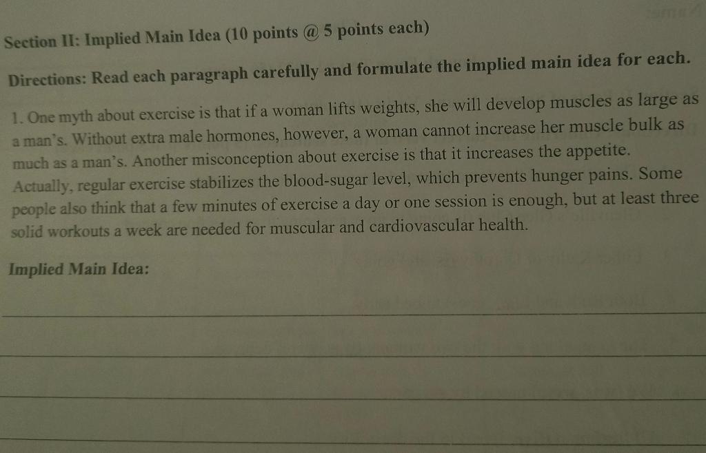 Section II: Implied Main Idea (10 points@ 5 points | Chegg.com