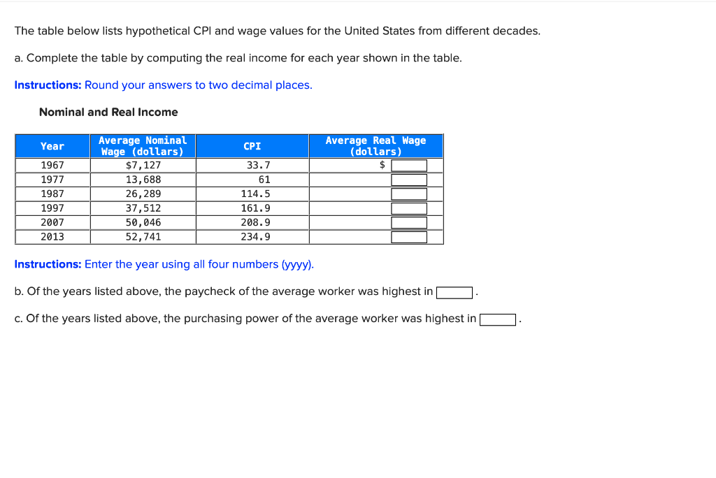 Solved The table below lists hypothetical CPI and wage | Chegg.com
