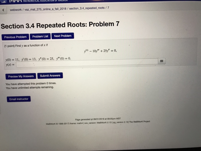 Solved Section 3.4 Repeated Roots: Problem 5 Previous | Chegg.com