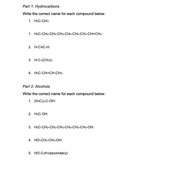 Solved Part 1: Hydrocarbons Write the correct name for each | Chegg.com