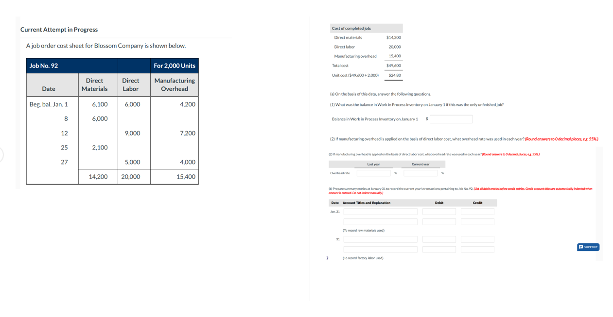 Solved A job order cost sheet for Blossom Company is shown | Chegg.com