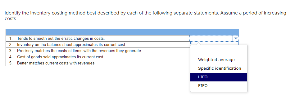 Solved Identify the inventory costing method best described | Chegg.com