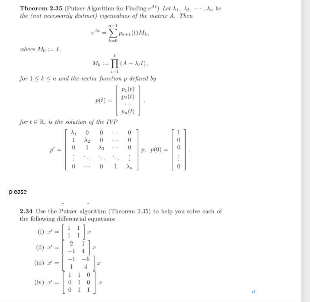 Solved Theorem 235 Putzer Algorithm For Finding Eat Let 2353