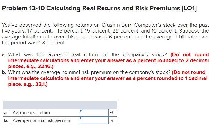 Solved Problem 12-10 Calculating Real Returns and Risk | Chegg.com