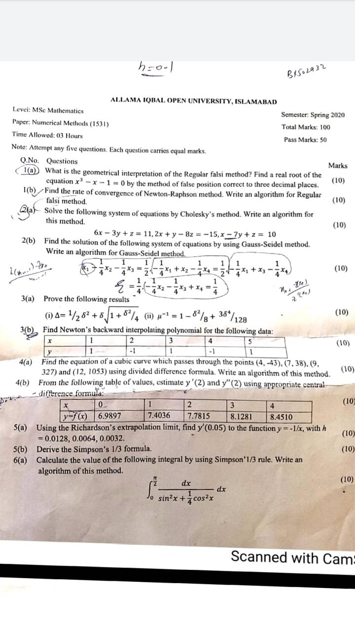 Solved 2(-1)-2 Level: MSc Mathematics Paper: Numerical | Chegg.com