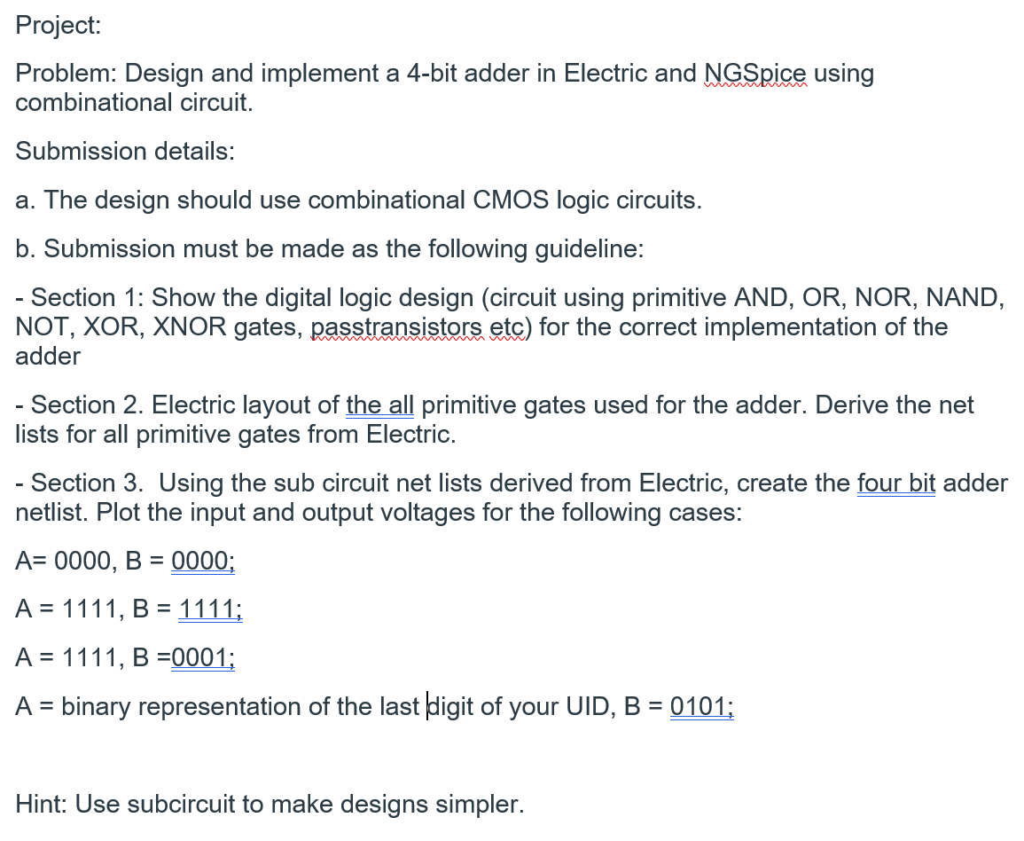 Project: Problem: Design and implement a 4-bit adder | Chegg.com