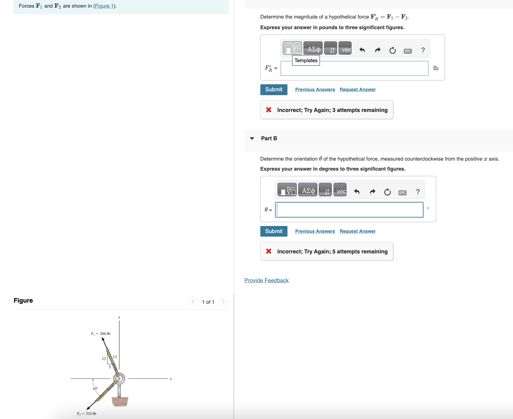 Solved determine the magnitude and direction of forces F1 | Chegg.com