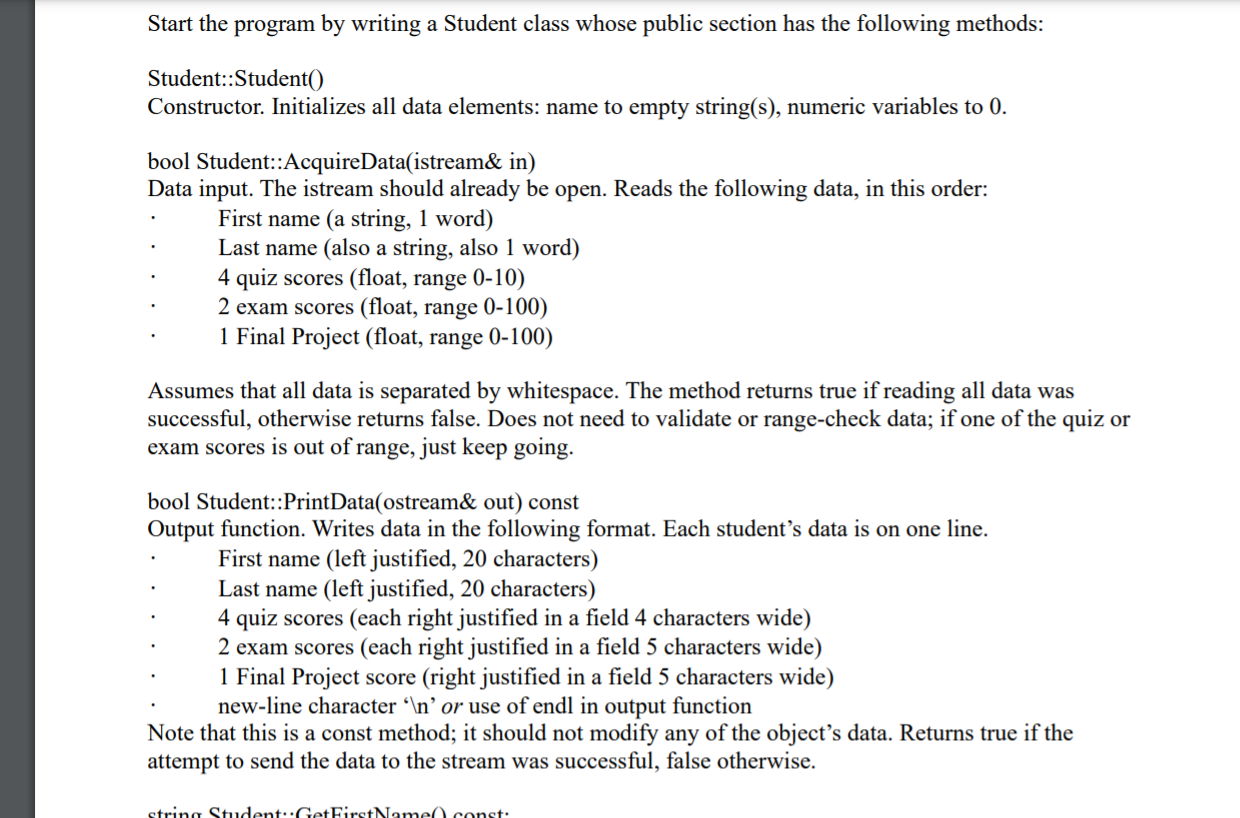 Solved Start the program by writing a Student class whose | Chegg.com