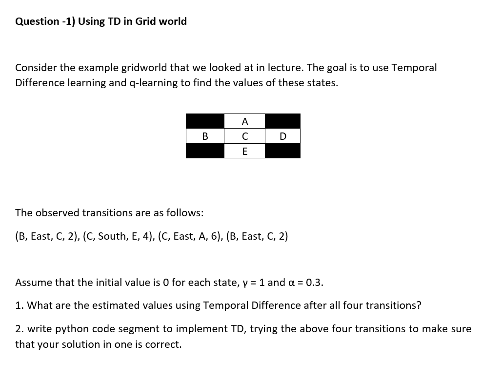 Question -1) Using TD in Grid world Consider the | Chegg.com