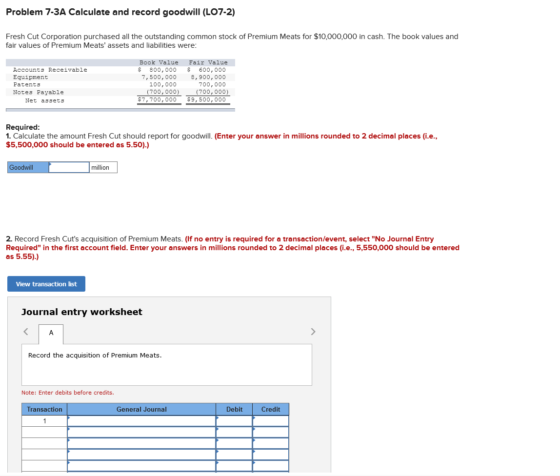Solved Problem 7-3A Calculate and record goodwill (LO7-2) | Chegg.com