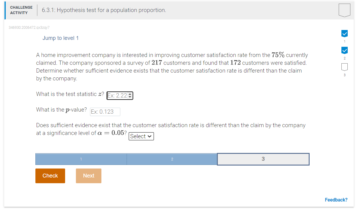 Solved CHALLENGE ACTIVITY 6.3.1: Hypothesis test for a | Chegg.com
