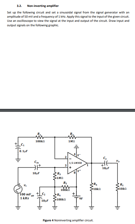 Solved 3.2. Non-inverting amplifier Set up the following | Chegg.com