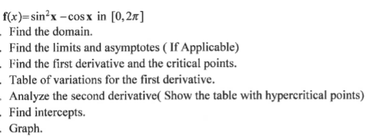 Solved f(x)=sin2x−cosx in [0,2π] Find the domain. Find the | Chegg.com