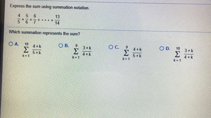Solved Express the sum using summation notation. 13 14 計-+-+ | Chegg.com