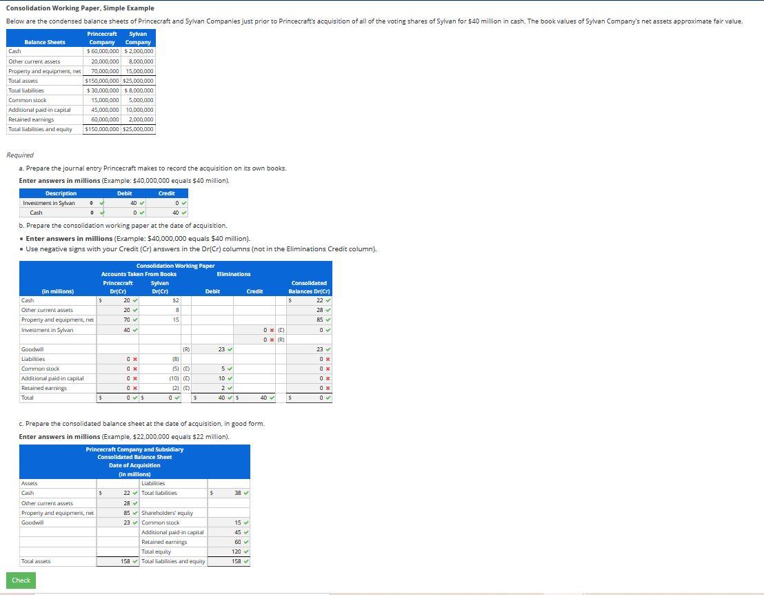 Solved Consolidation Working Paper, Simple Example Below | Chegg.com