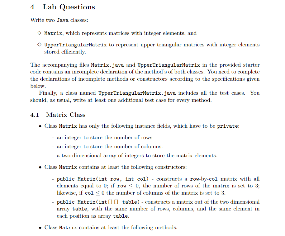 4 Lab Questions Write Two Java Classes Matrix Which