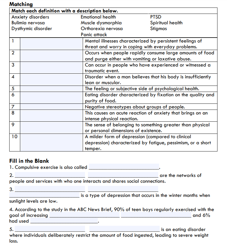Solved Fill in the Blank 1. Compulsive exercise is also | Chegg.com