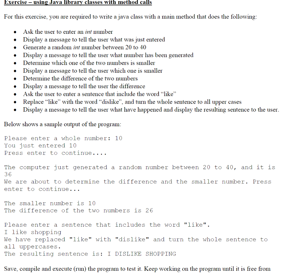 Solved Exercise Using Java Library Classes With Method
