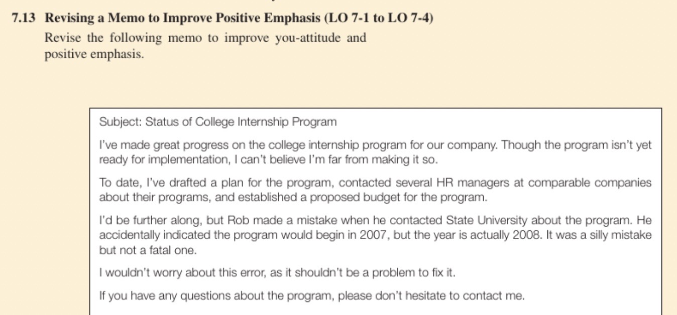 Solved 7.13 Revising a Memo to Improve Positive Emphasis (LO | Chegg.com
