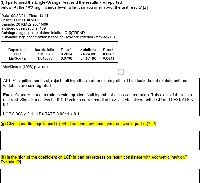 Solved (f) I performed the Engle-Granger test and the | Chegg.com