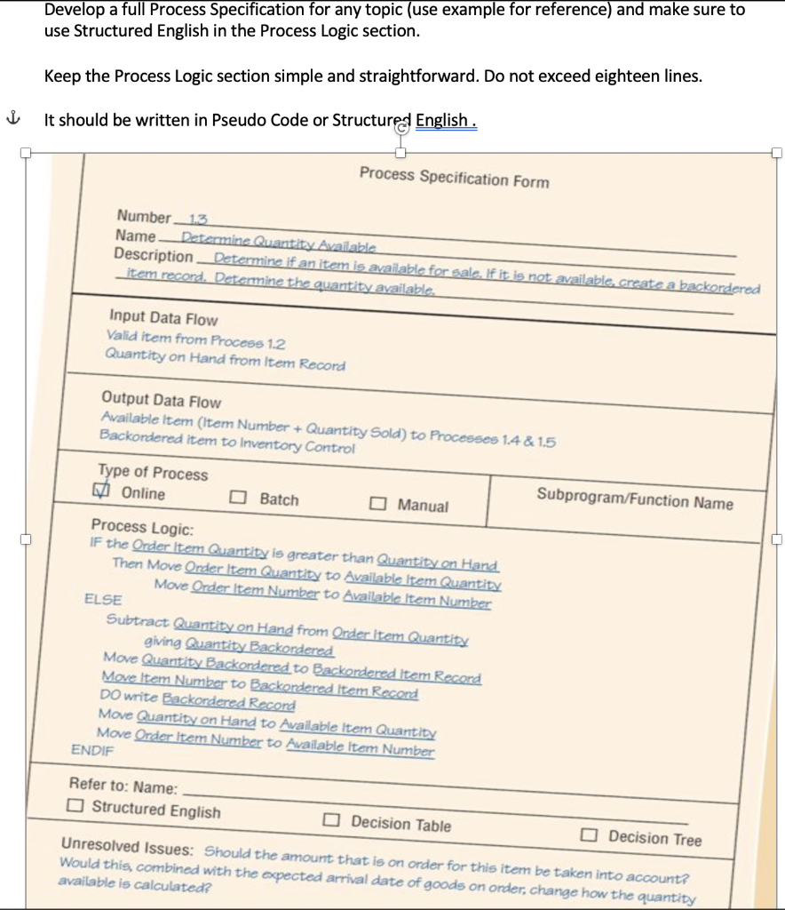 Develop a full Process Specification for any topic | Chegg.com