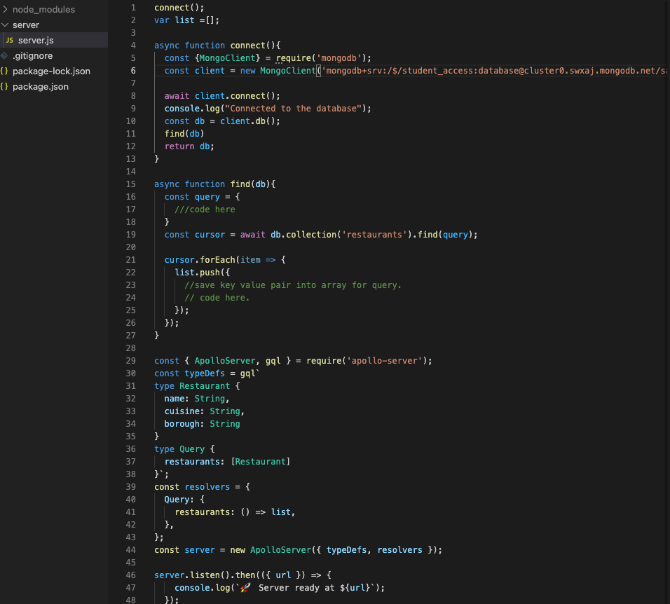 Solved GraphQL, MongoDB, Javascript! Finish the code | Chegg.com