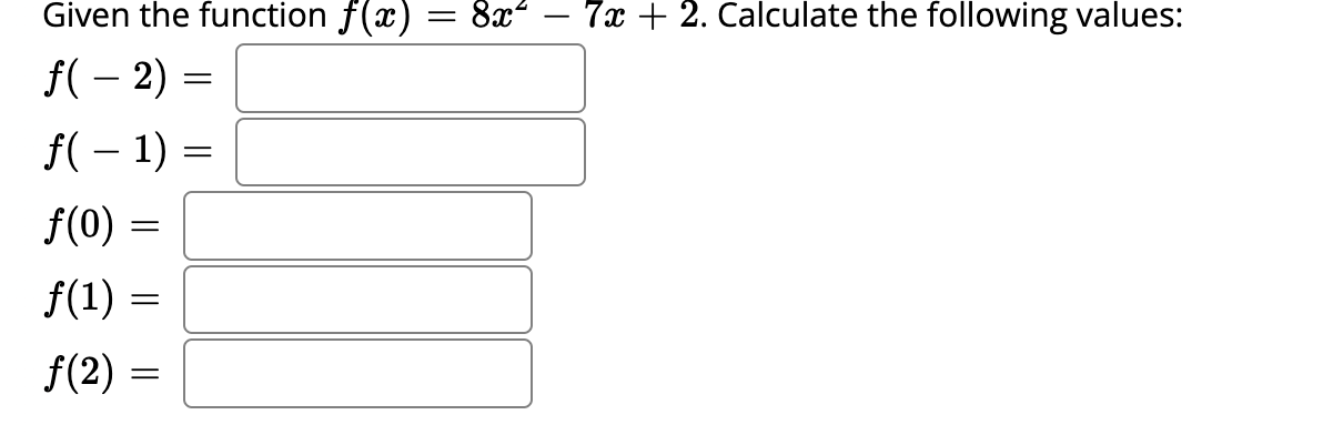 Solved Given the function f(x) = f(-2) = f(-1) = f(0) ƒ(1) = | Chegg.com