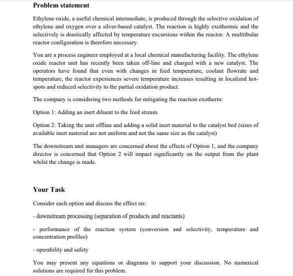 Solved Problem statement Ethylene oxide, a useful chemical | Chegg.com