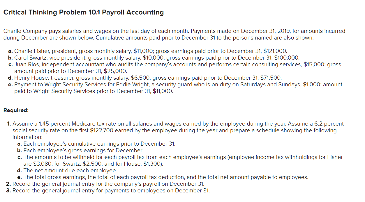 Solved Critical Thinking Problem 10.1 Payroll Accounting | Chegg.com