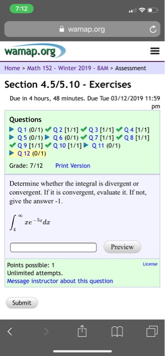 Solved a wamap.org wamap.org Home > Math 152 - Winter 2019 | Chegg.com