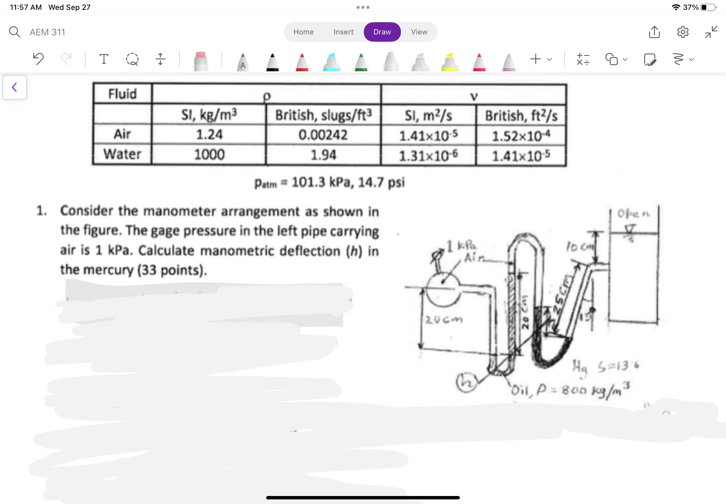 Solved patm=101.3kPa,14.7psi 1. Consider the manometer | Chegg.com
