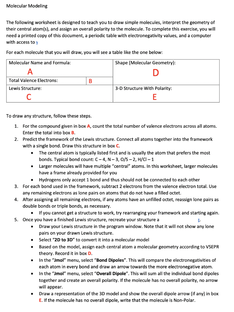 Solved Molecular Modeling The following worksheet is | Chegg.com