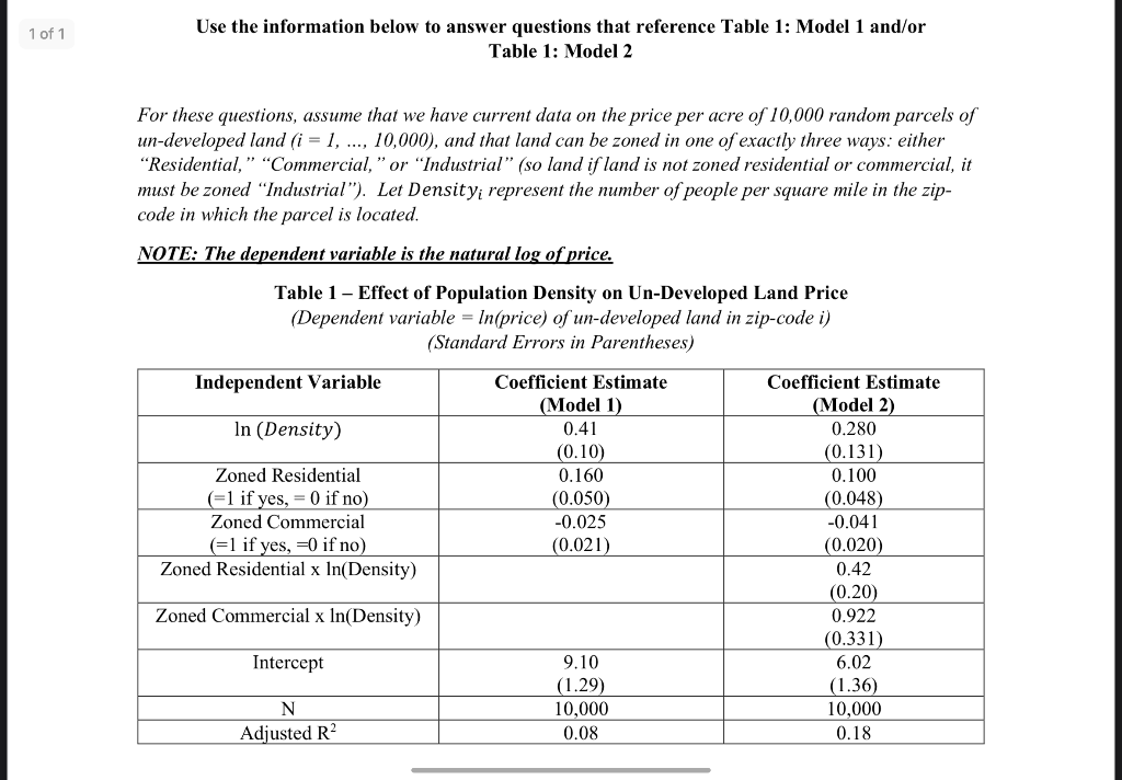 Solved 6) Use the output from Table 1: Model 1 to answer | Chegg.com