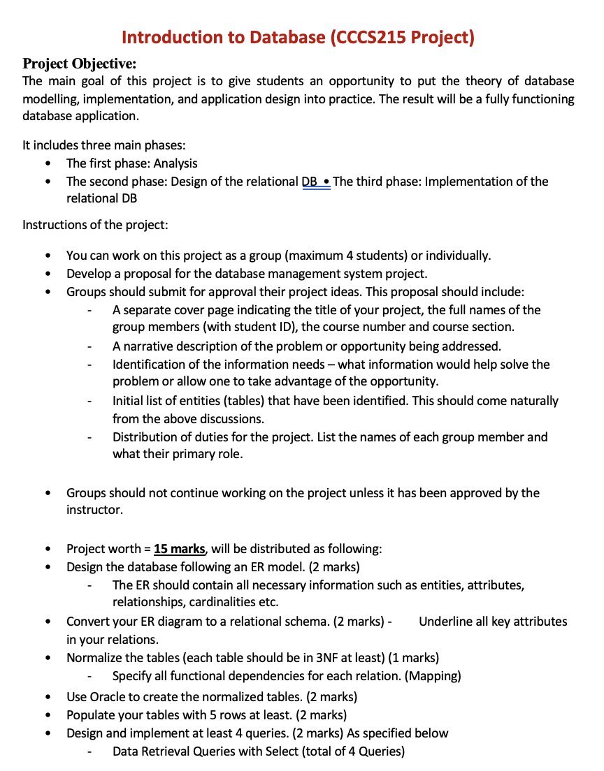Solved Introduction to Database (CCCS215 Project) Project | Chegg.com