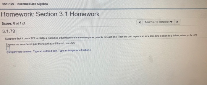 Solved MAT100 -Intermediate Algebra Homework: Section 3.1 | Chegg.com