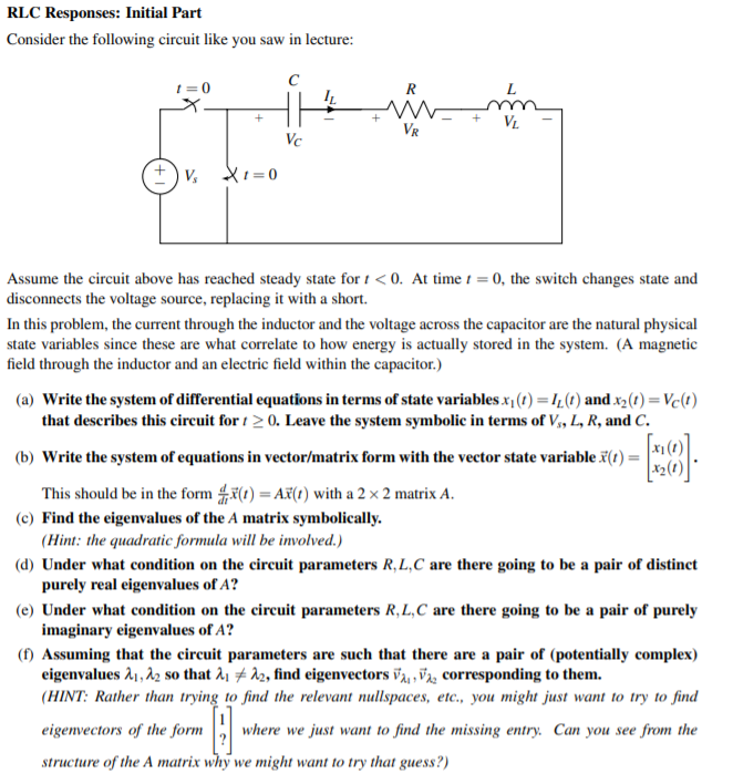 Solved RLC Responses: Initial Part Consider the following | Chegg.com