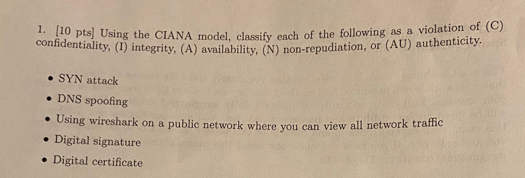 Solved 1. (10 pts Using the CIANA model, classify e | Chegg.com