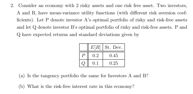 Solved 2. Consider an economy with 2 risky assets and one | Chegg.com