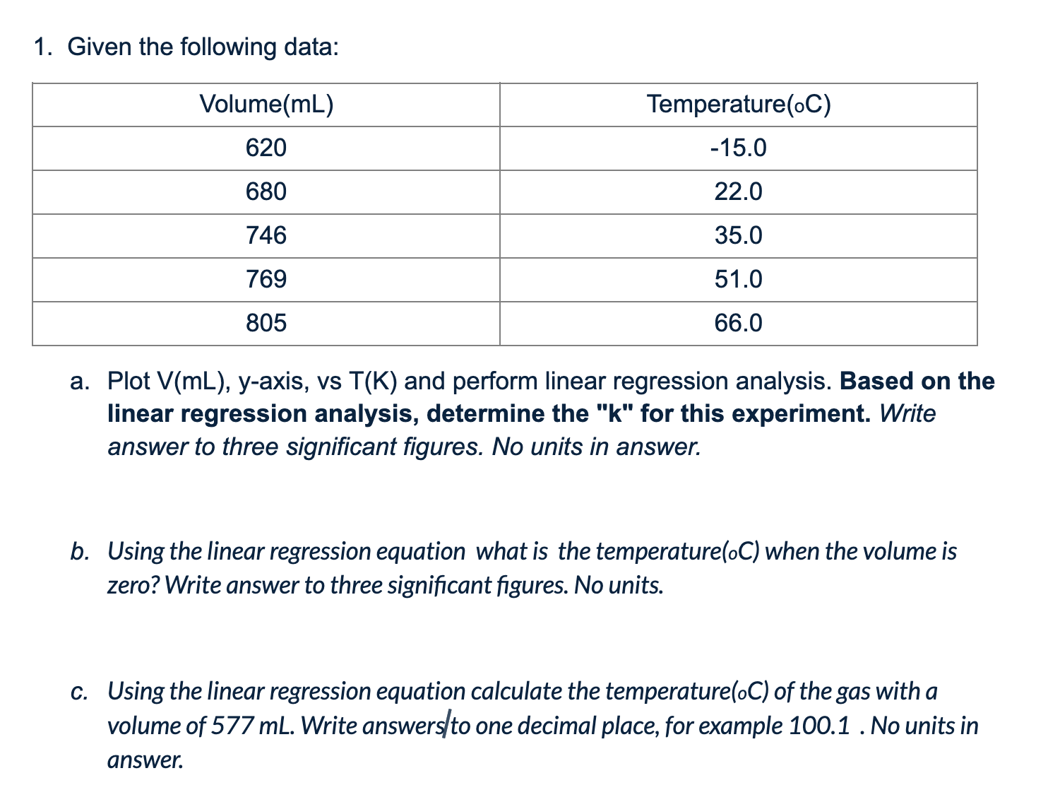 Solved Given the following data:\table[[Volume | Chegg.com