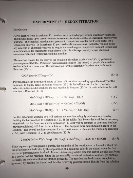 Solved Redox Titration Prelaboratory Assignment Name and | Chegg.com