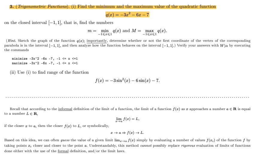 Solved =- 3. (Trigonometric Functions). (i) Find the minimum | Chegg.com