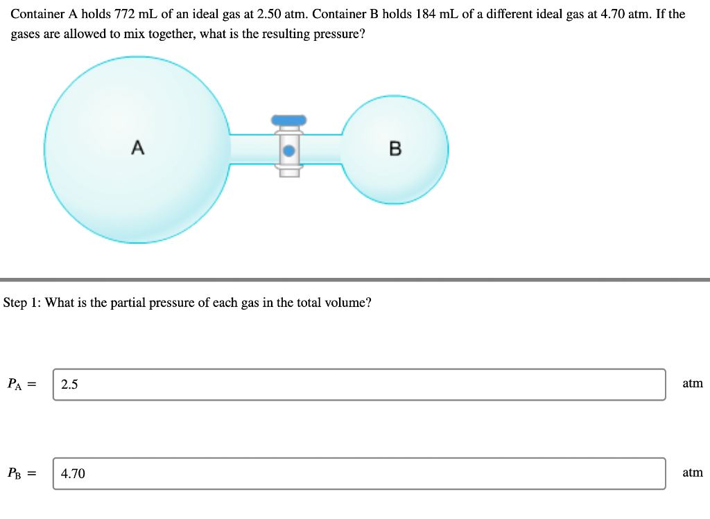 Solved Container A holds 772 mL of an ideal gas at 2.50 atm. | Chegg.com