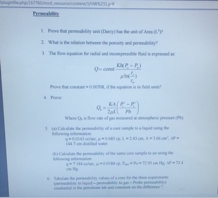 Solved Prove that permeability unit (Darcy) has the unit of | Chegg.com