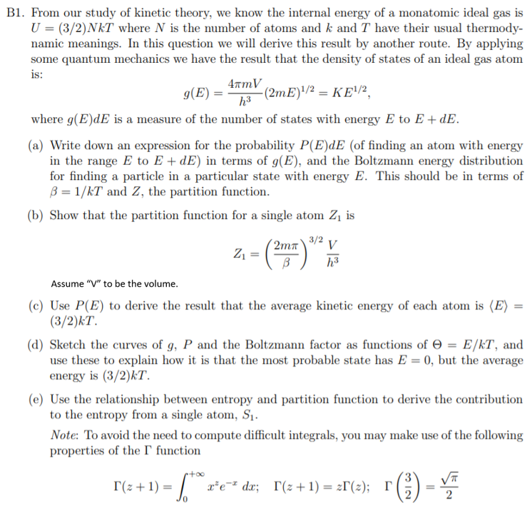 Solved B1. From our study of kinetic theory, we know the | Chegg.com